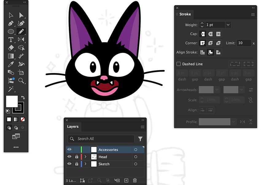 How to draw Jiji the cat (Kiki's Delivery Service) in Illustrator ...